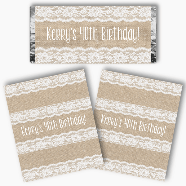 Beautiful Personalised Burlap & Lace Mini Chocolate Labels - Katie J ...