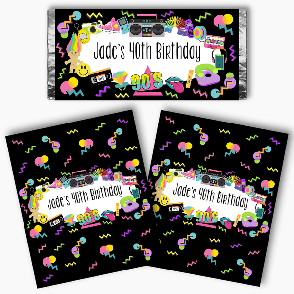 Personalised 90s Party Mini Chocolate Bar Labels & Wrappers - Katie J ...