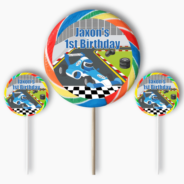 Personalised Racing Car Birthday Party Round Stickers - Katie J Design and Events