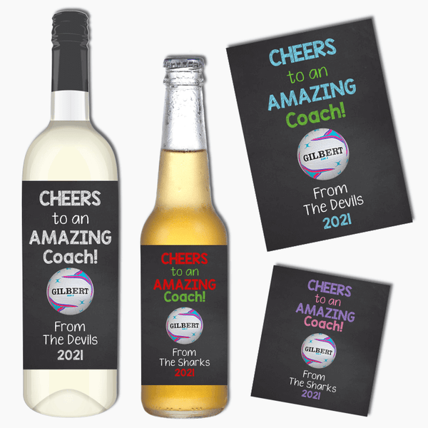 "Cheers Netball Coach" Custom Gift Wine & Beer Labels - Katie J Design ...