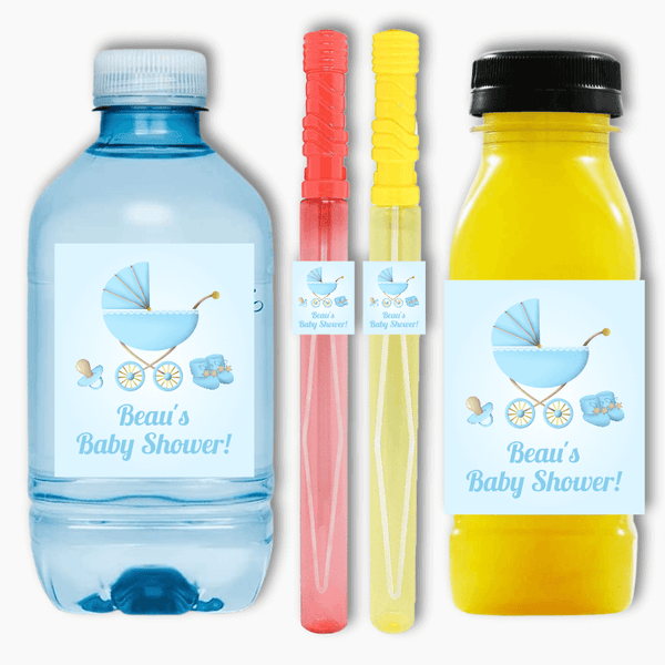 Boys Vintage Pram Baby Shower Juice & Bubble Wand Stickers - Katie J ...